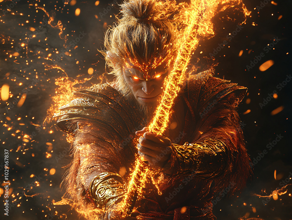 Sun Wukong as Monkey King with a glowing sword, surrounded by a fiery ...