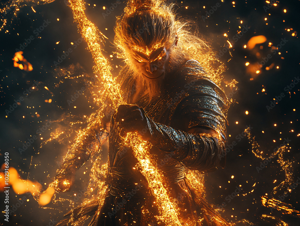 Sun Wukong as Monkey King with a glowing sword, surrounded by a fiery ...