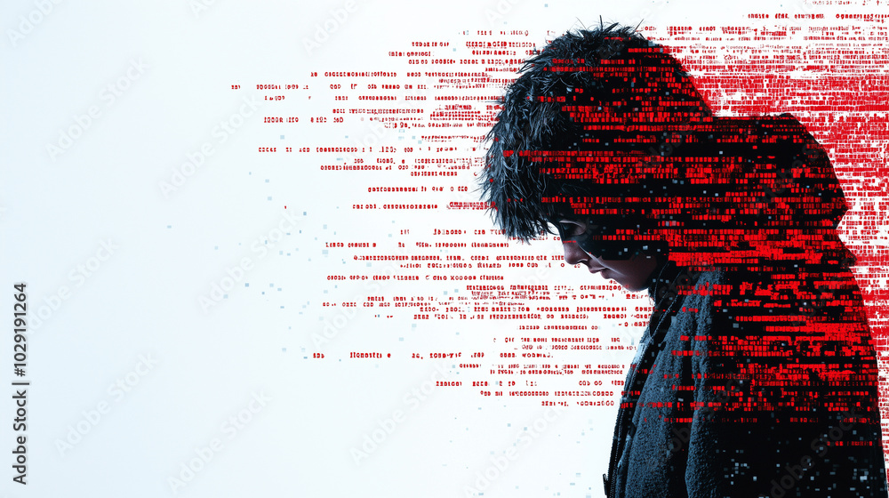 hacker stands in contemplation, surrounded by layers of red access denied messages and digital ...