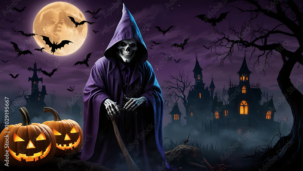 Halloween design with a grim reaper, clown, and wolf on bats around ...