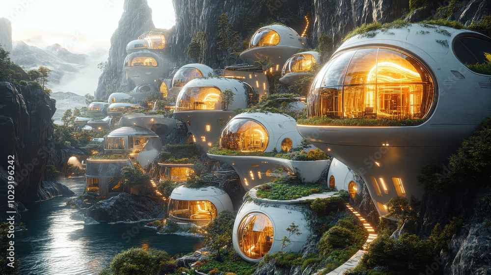 A breathtaking vision of a futuristic village nestled in a stunning ...
