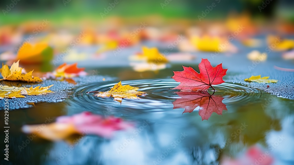 Autumn leaves floating in a puddle. The red maple leaf stands out in the foreground, reflecting ...