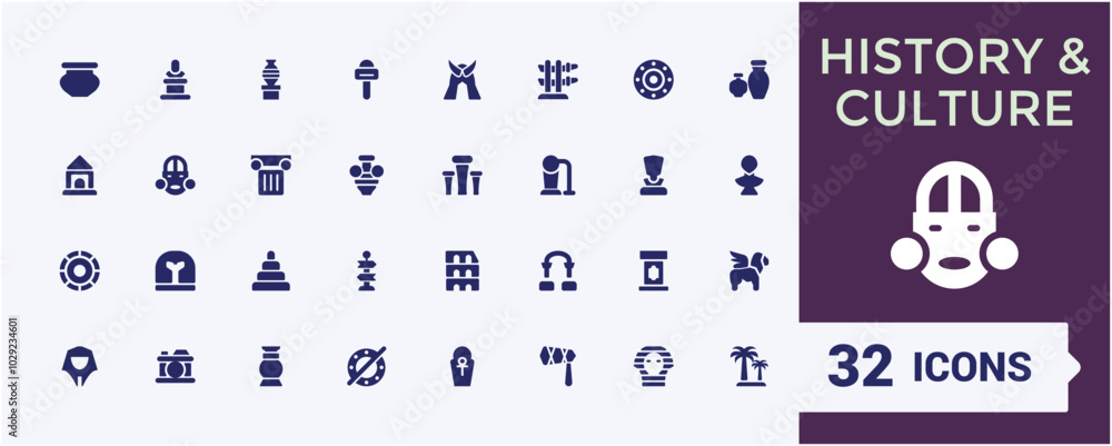 History and culture solid icons set. Collection of museum, culture, pen ...
