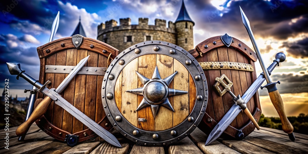 Cartoon Medieval Shield Decor with Crossed Swords and Armor - Vector ...