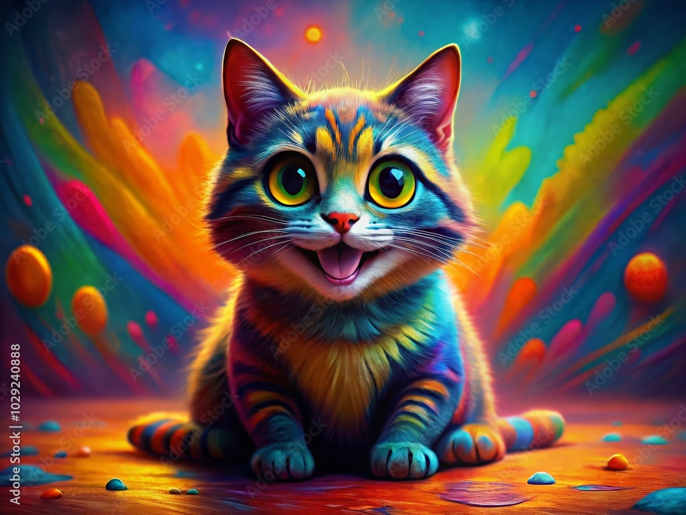 Cheerful Cartoon Cat in Macro Photography: Vibrant Colors and Big Smile ...