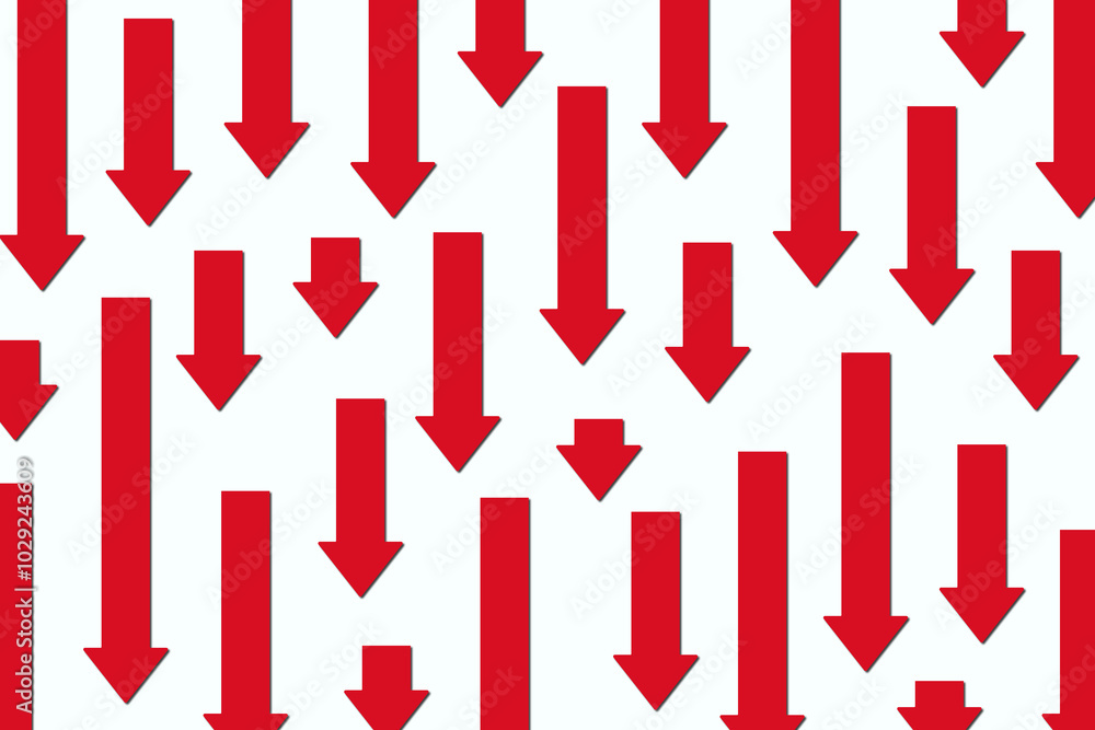 Decreasing concept. A series of vibrant red arrows pointing downward ...