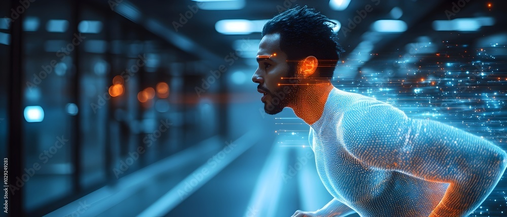 male athlete running on a treadmill in a high-tech medical lab. fitness ...