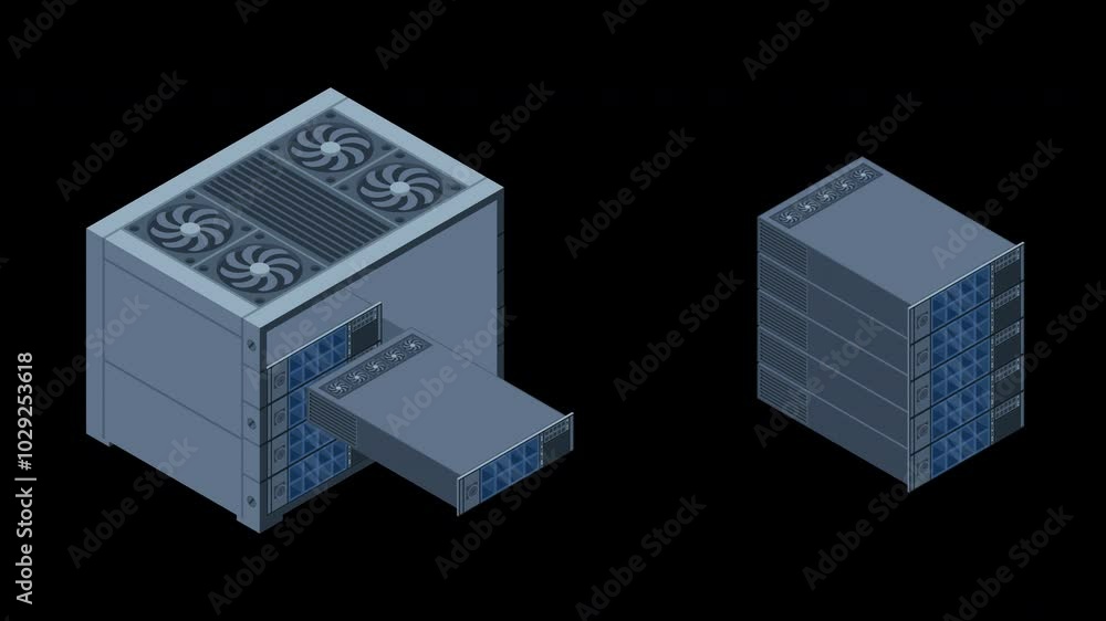 Isometric server animation. Server racks. Server boxes isolated ...