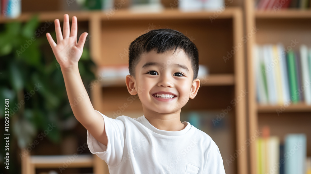 Smiling boy raising his hand in a classroom A highly detailed image of ...