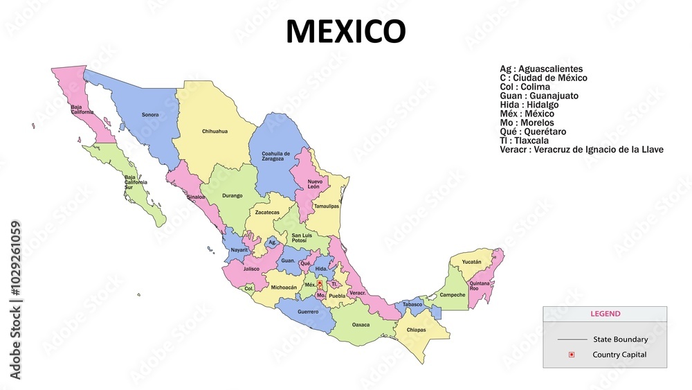 Mexico Map. State map of Mexico. State map of Mexico in colour with ...