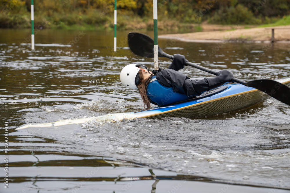 Kayak slalom canoe race in river. Kayaking with colorful canoe kayak ...