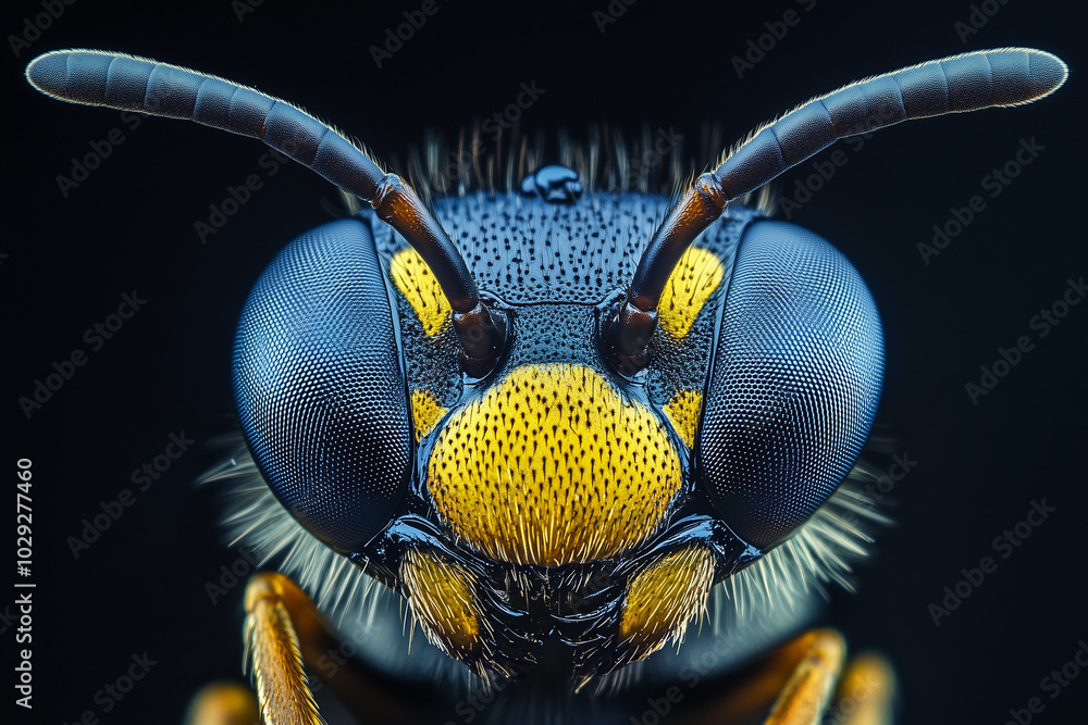 Wasp face close-up on a black background, macro photography of a wasp ...