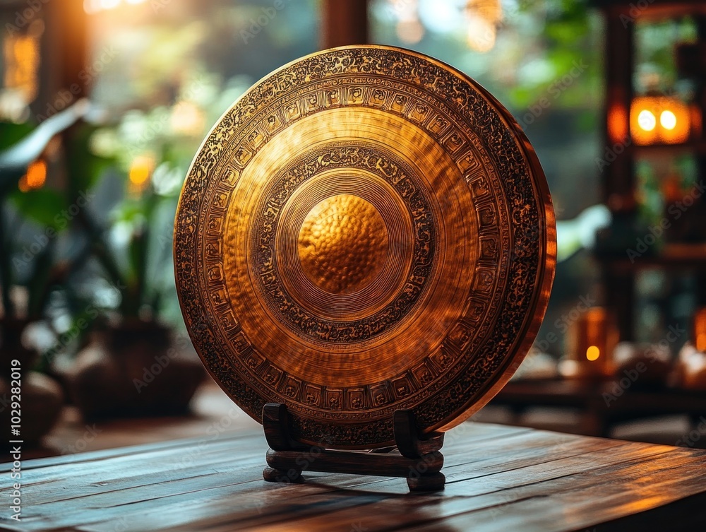 Zen meditation room with large gong in traditional Japanese setting. AI ...