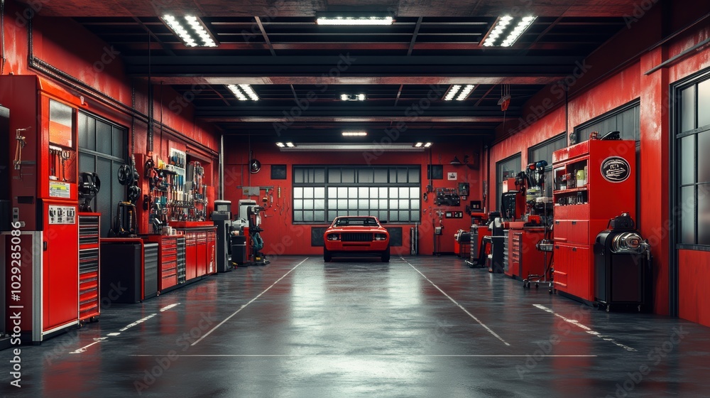 Realistic photo of inside of a red and white mechanic shop with no cars ...