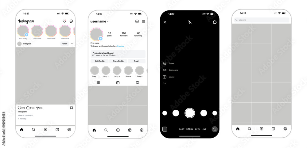 Instagram mockup. Set instagram screen social media and social network ...