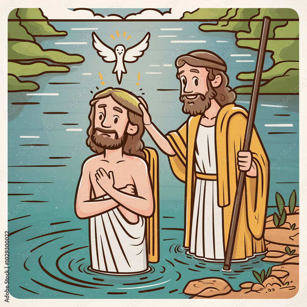 John the Baptist baptizes Jesus Christ in the Jordan River. Cartoon ...