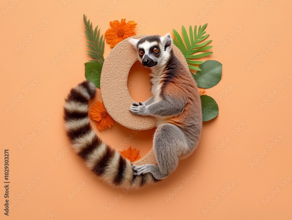 9 created by a lemur curled with its tail forming the curve of the ...