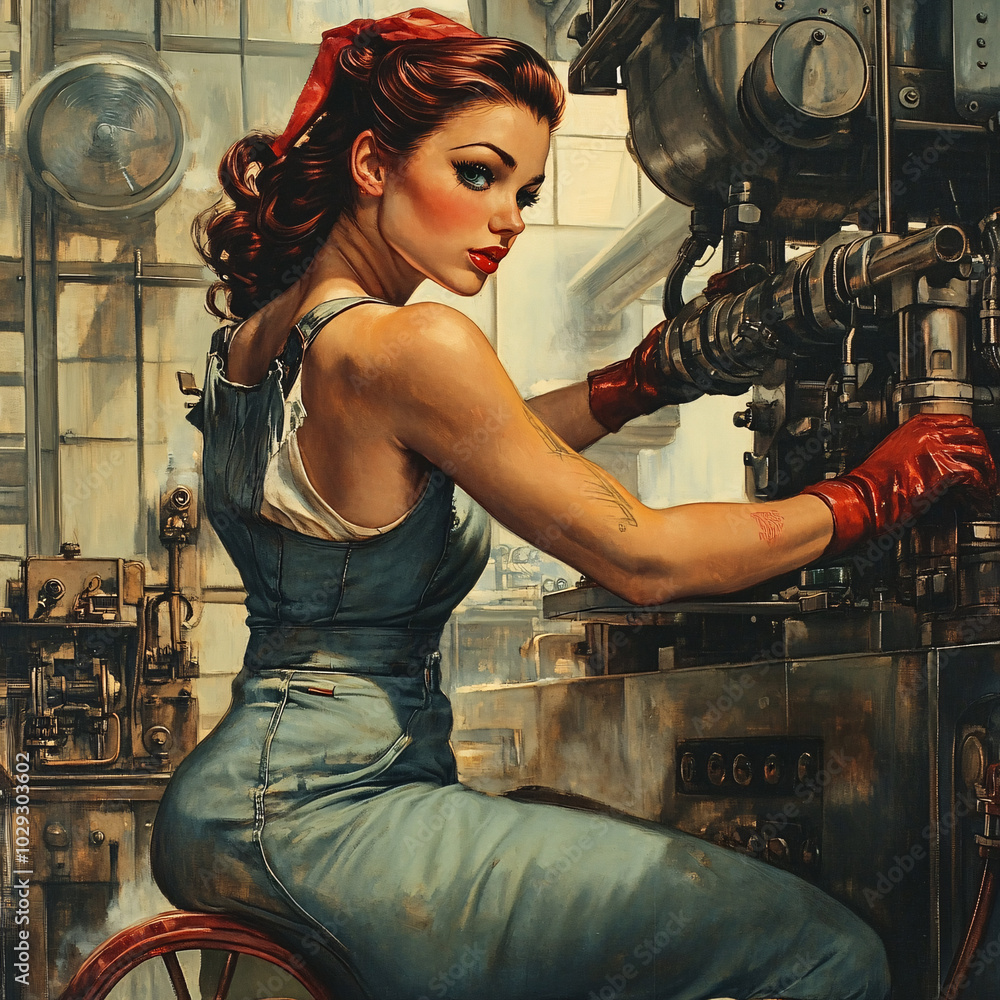 A vintage pin-up girl in a workshop setting, confidently posing amidst ...