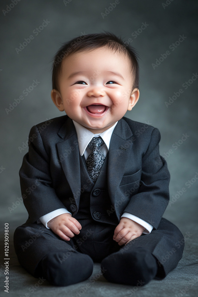 A professional studio portrait of a smiling baby dressed in a business ...