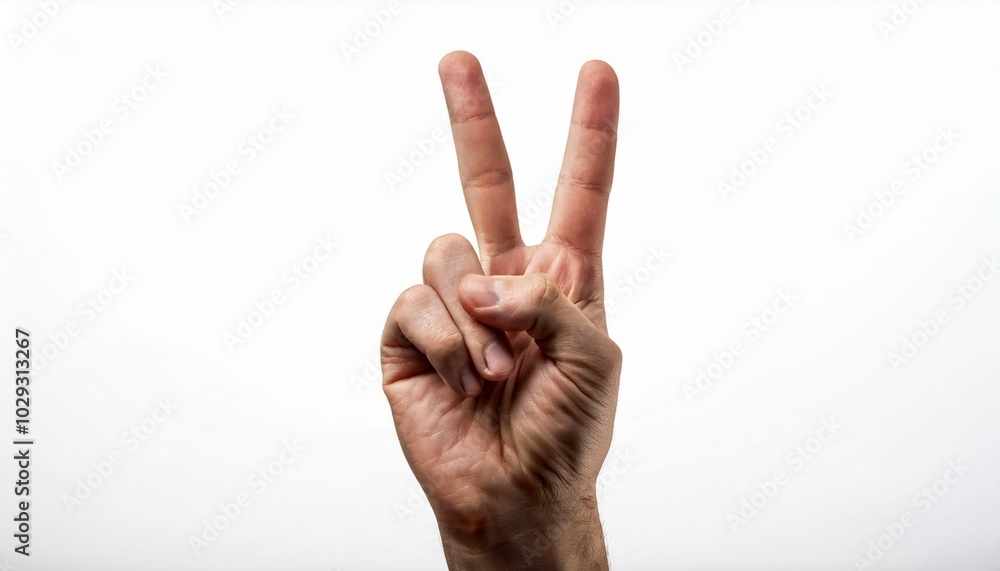 A hand showing the finger gesture of a peace hand sign or a victory ...