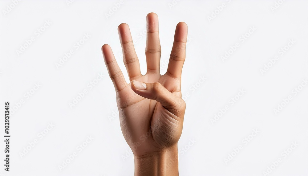 Four finger hand gesture to indicate four or number four on a white ...