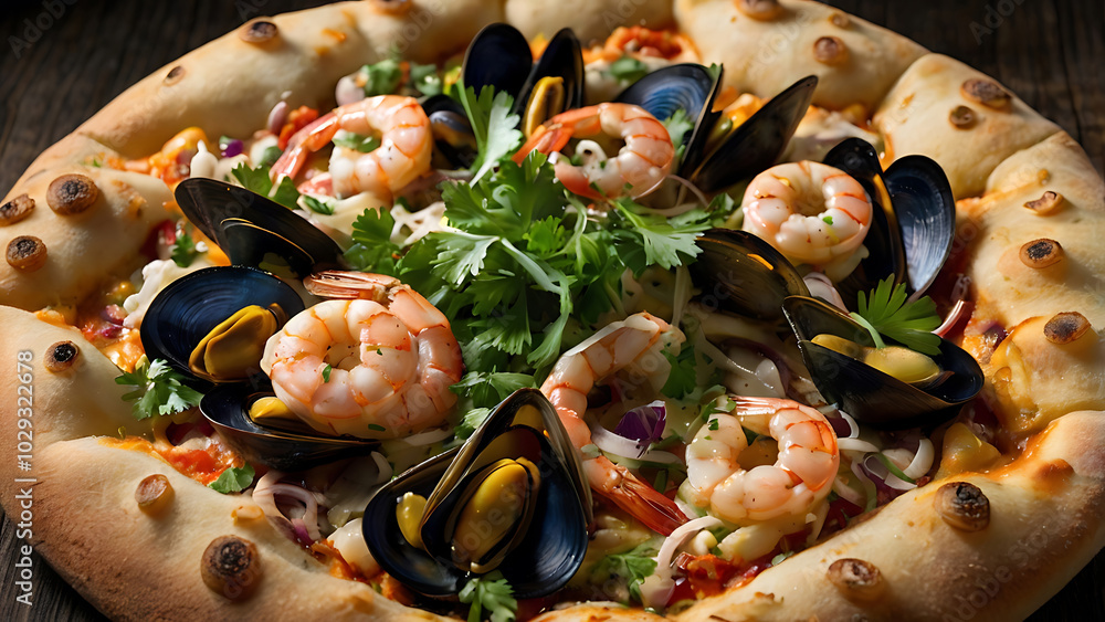 Deluxe seafood pizza with shrimp, calamari, mussels, and a sprinkle of ...