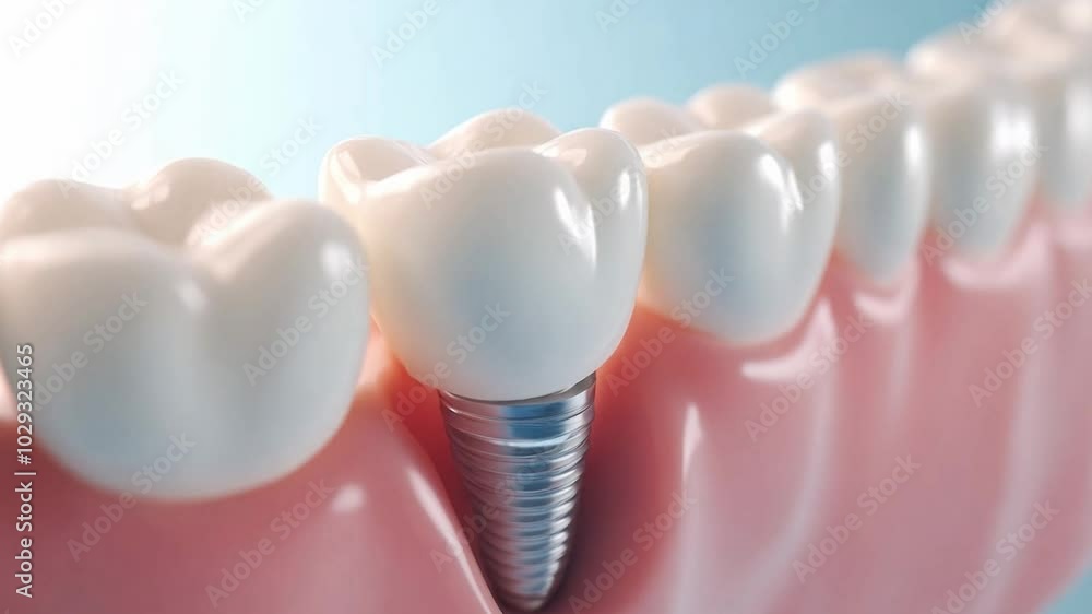A dental implant is shown positioned in the jawbone, with a white ...