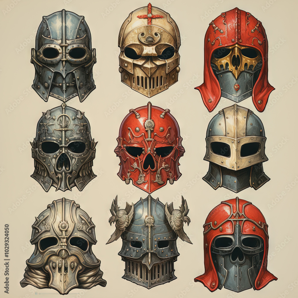 Mystic knight portraits set in metal armor. Occult scary knights in ...