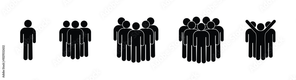 Poster stickman icon set, leader of group of people, isolated pictogram ...