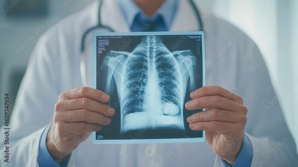 A doctor examines a chest X-ray, holding it up for a clear view of the ...