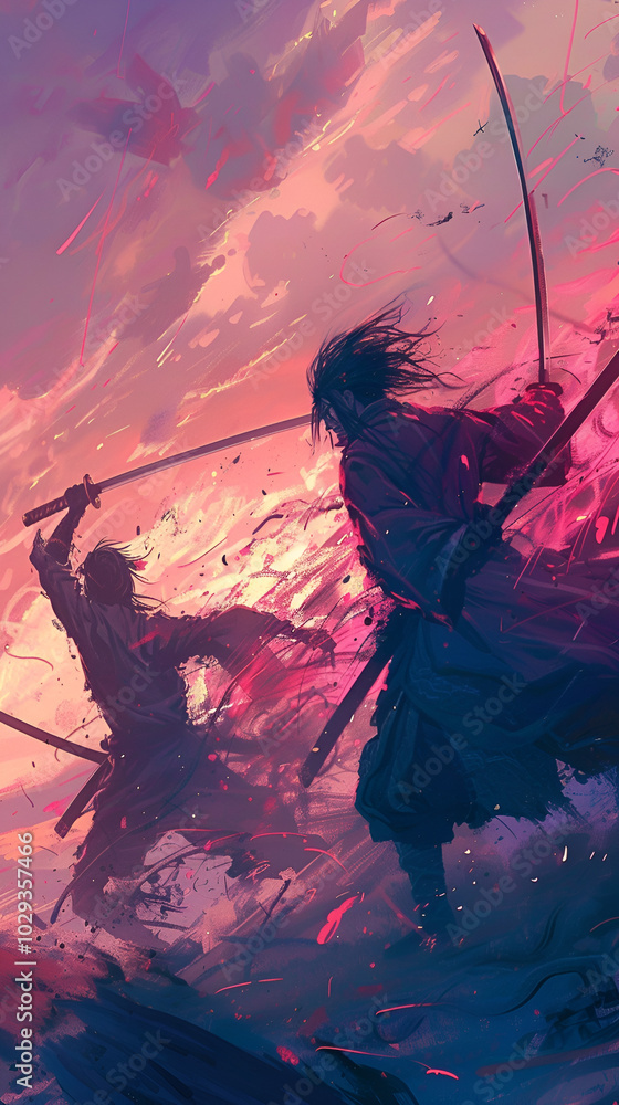 Epic Samurai Battle in Vibrant Sunset Landscape Phone Wallpaper - Two ...