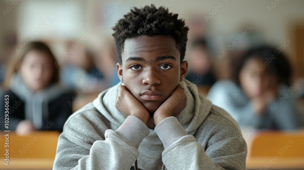 Teenage Black male student face hidden, classroom, blurred peers ...