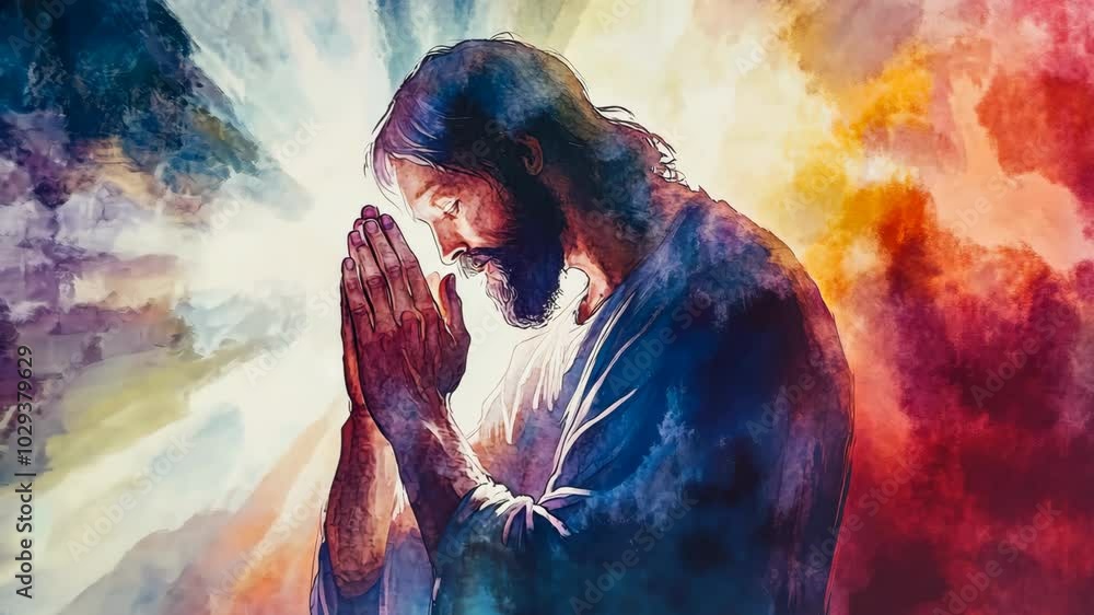 A painting depicts Jesus Christ praying with his hands clasped together ...