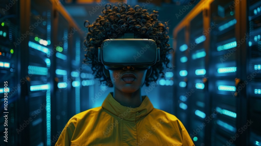 Young Black woman wearing virtual reality headset, immersed in ...