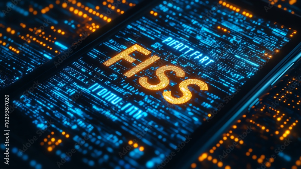 The word "FISS" is highlighted in gold on a digital display with blue ...