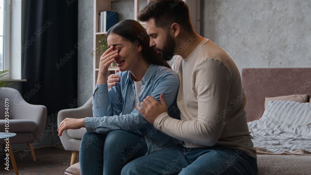Caucasian man apologizing husband calming anxious annoyed wife ask ...
