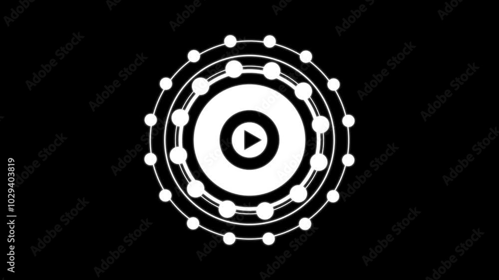 Animated of atom icon with play baton and radio waves . Rotating ...