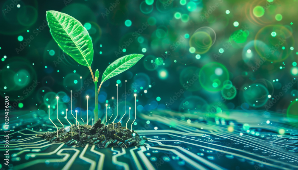 Tecnologia sostenibile. Una pianta che cresce da un circuito stampato ...