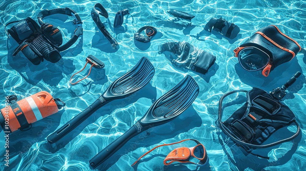 A flat lay of various aquatic equipment, including snorkels, fins, and ...