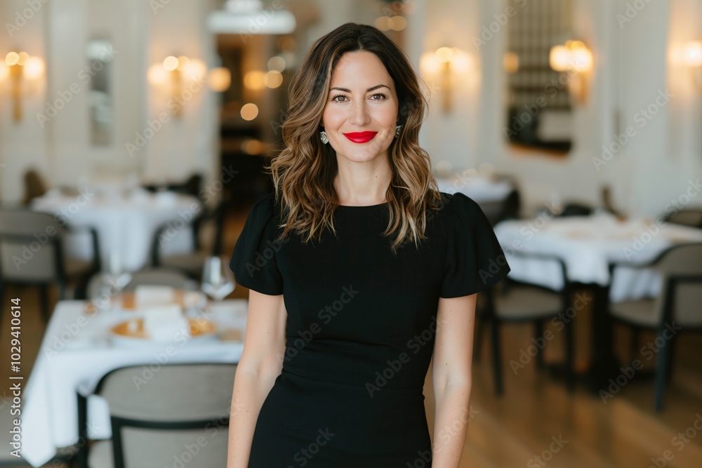 Fashionable woman in black dress posing in a luxurious restaurant ...