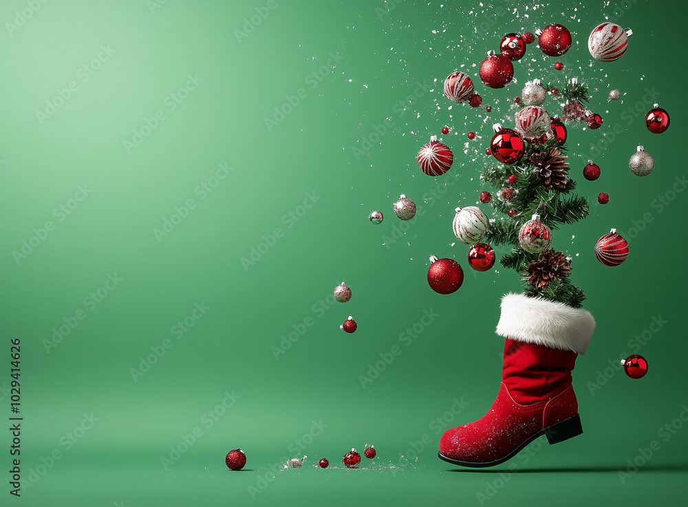 Santa Clause boot floating with candy and cookies exploding from it ...