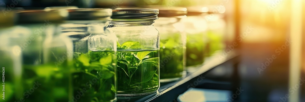 Glass jars filled with green plants, laboratory experiment, plant ...