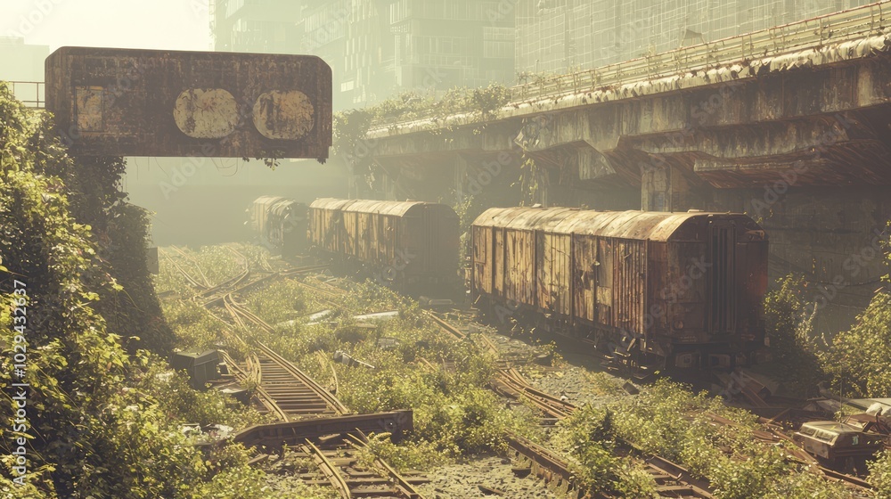 Silent Decay - Abandoned Dystopian Train Yard with Rusting Locomotives in Cinematic Light Stock ...