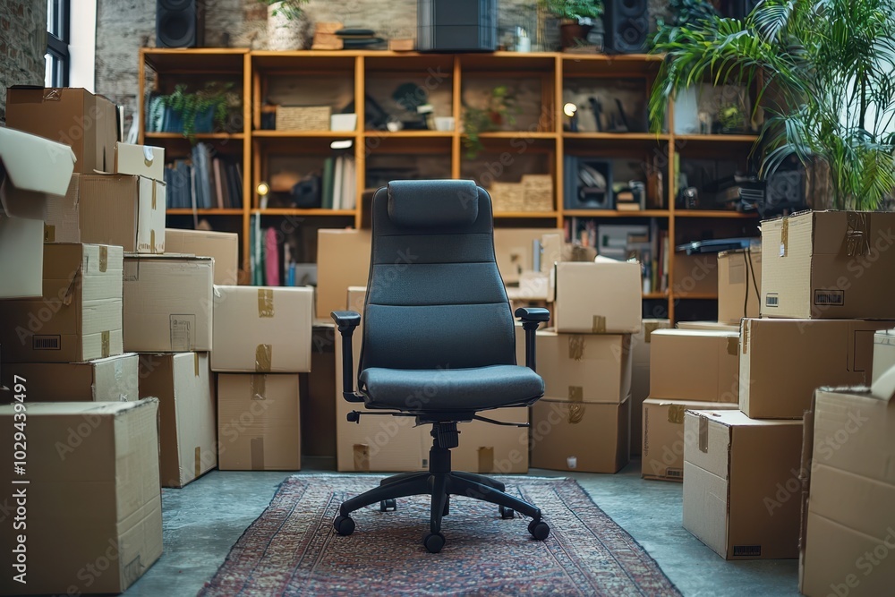An office space with furniture, including a chair packed in cardboard ...