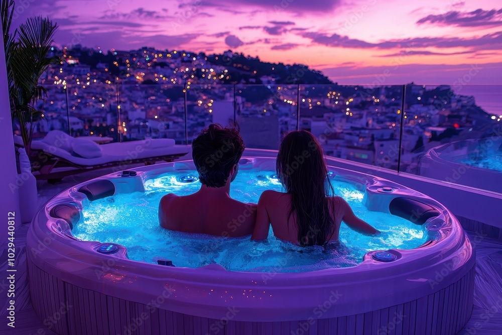 A romantic rooftop date featuring a luxurious jacuzzi, set under a ...