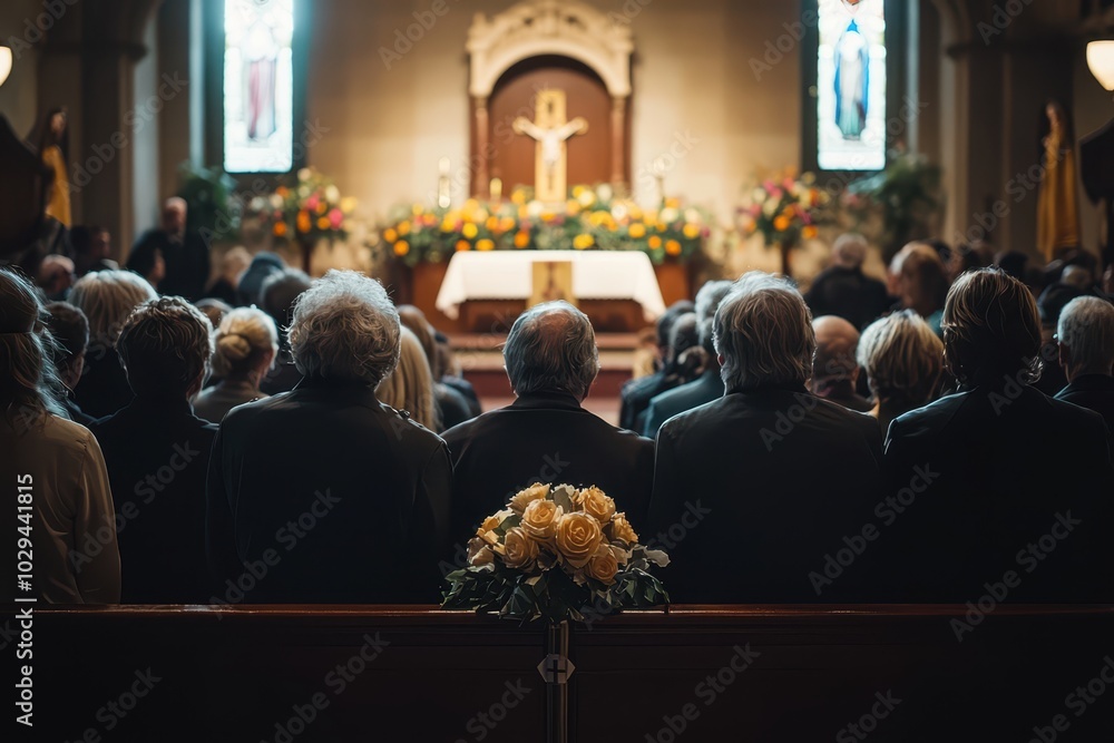 A somber scene of mourners at a funeral bidding their final farewell to ...