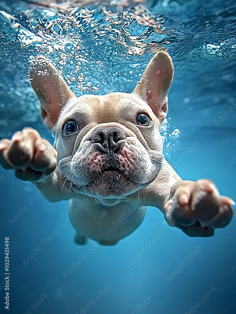 French bulldog swimming underwater in clear blue pool with ripples and ...