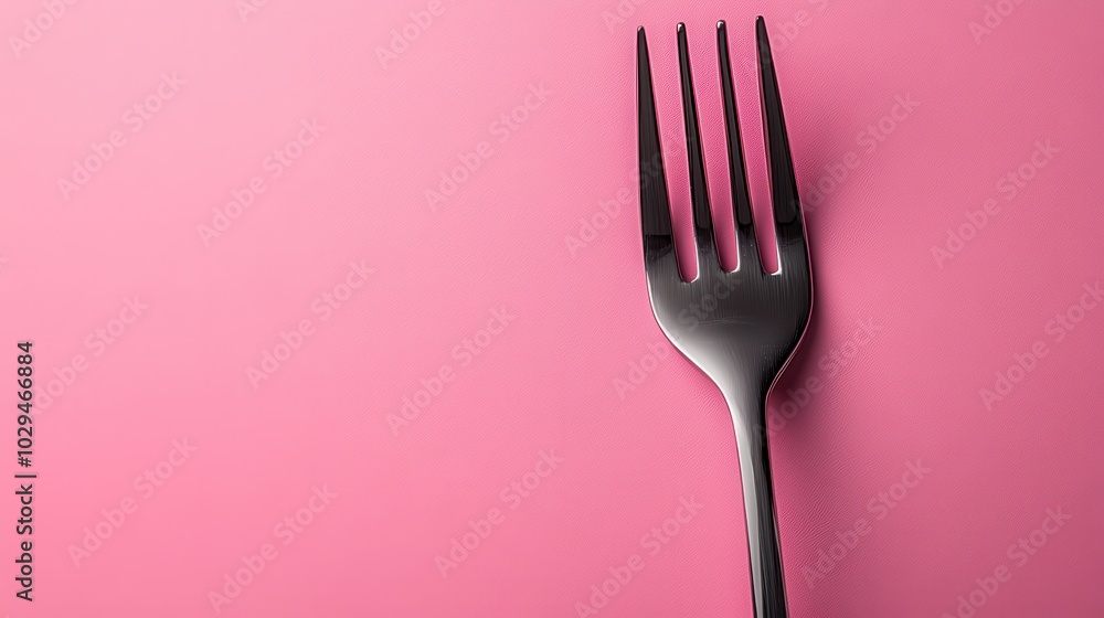A shiny metallic fork is captured with reflections on a smooth pink ...