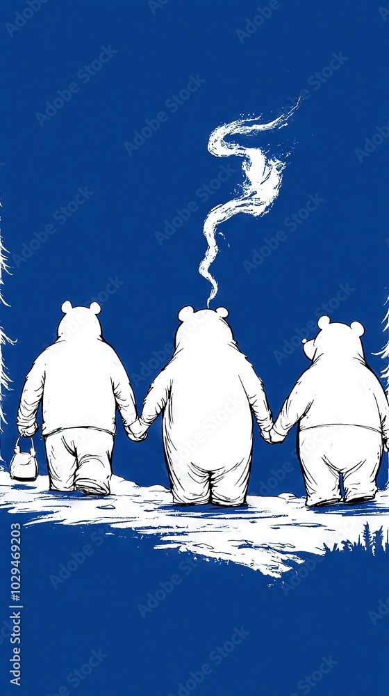 Three Pooh bears holding hands in front of a blue sky with smoke rising ...