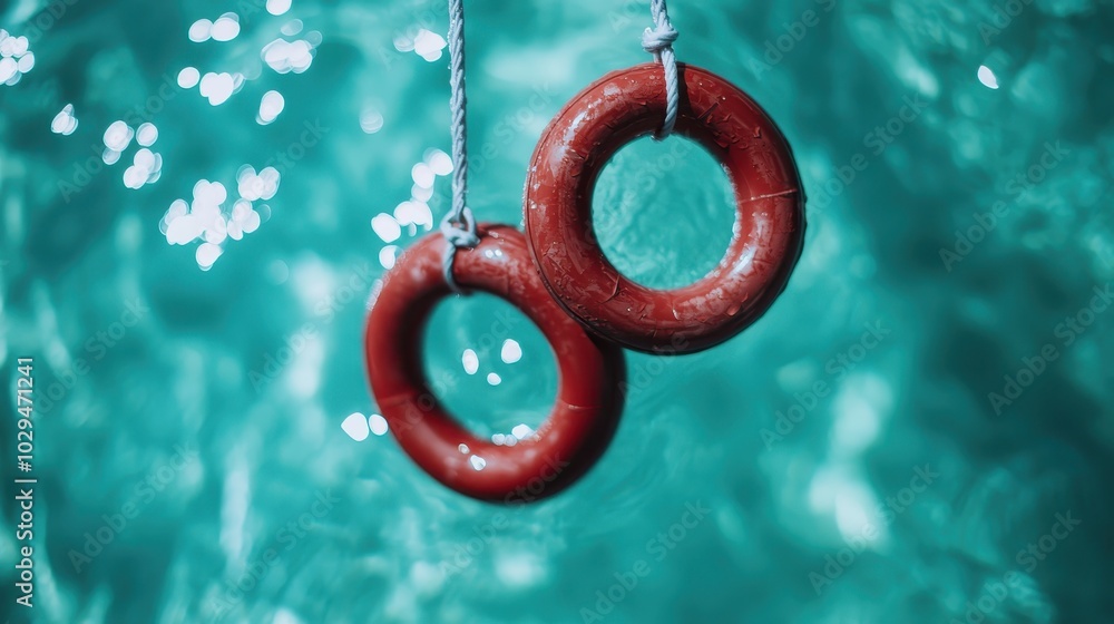 Two red life rings hang above sparkling blue waters, offering a sense ...